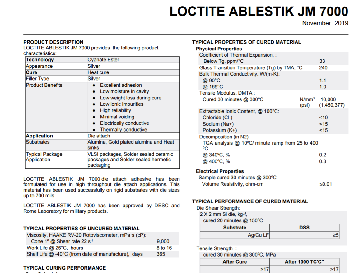 汉高ablestik JM7000高可靠性导电胶 耐高温导电胶300度-北京汐源科技有限公司—导电胶、UV胶、底部填充剂、乐泰胶膜、烧结银 ...